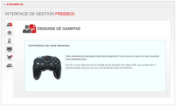 L'envoi du gamepad Free disponible sur l'interface abonné