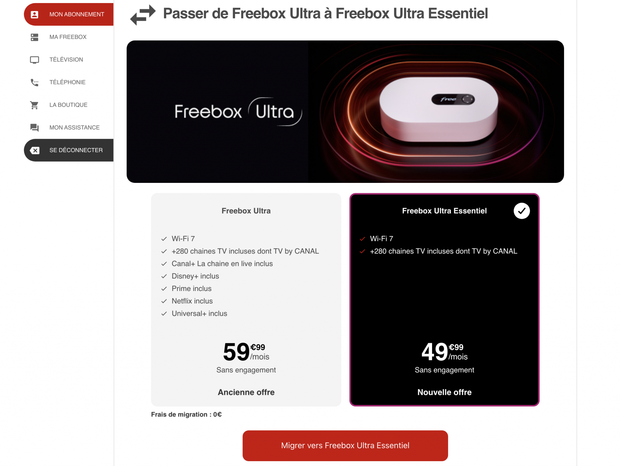 [MàJ] Free permet désormais de migrer sans frais de la Freebox Ultra vers son offre Essentiel